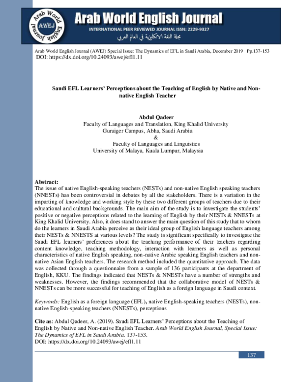 PDF Saudi EFL Learners Perceptions About The Teaching Of English By Native And Non native pdf-saudi-efl-learners-perceptions-about-the-teaching-of-english-by-native-and-non-native
