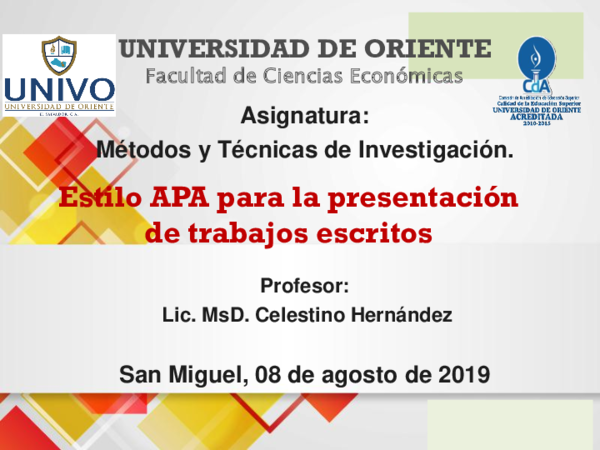 (PDF) Estilo APA para la presentación de trabajos escritos UNIVERSIDAD DE ORIENTE