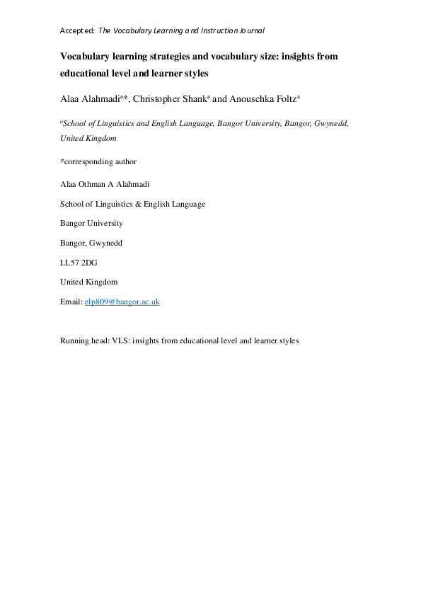 (PDF) Vocabulary learning strategies and vocabulary size: insights from ...