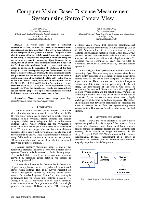 Pdf Computer Vision Based Distance Measurement System Using Stereo Camera View View 4167
