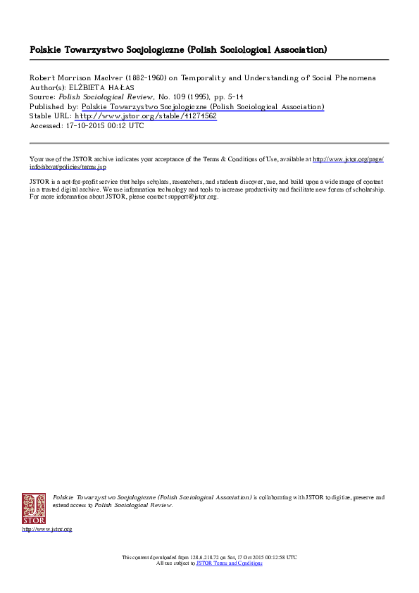 (PDF) Robert Morrison MacIver (1882-1960) on Temporality and Understanding of Social Phenomena