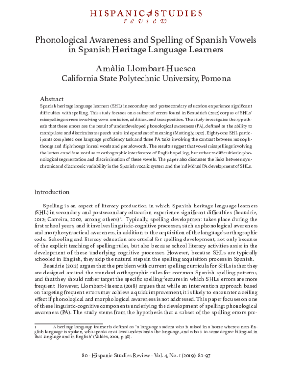 (PDF) Phonological Awareness and Spelling of Spanish Vowels in Spanish ...