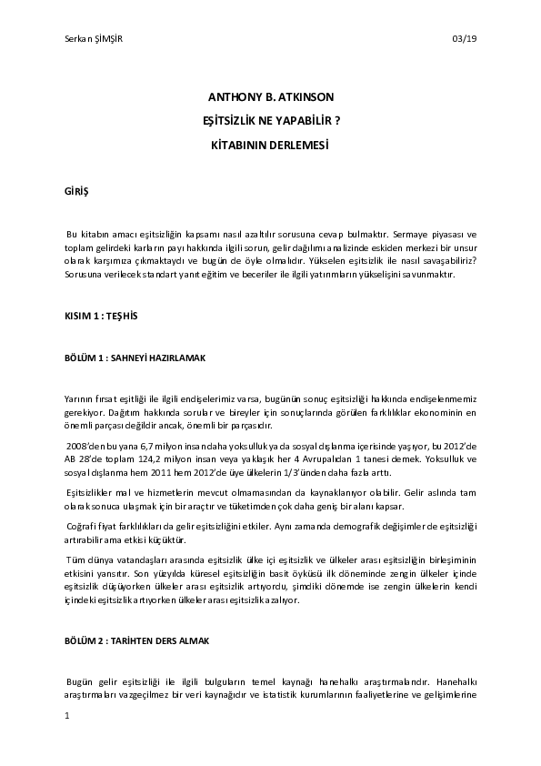 (DOC) ANTHONY B. ATKINSON EŞİTSİZLİK NE YAPILABİLİR ? KİTABININ DERLEMESİ