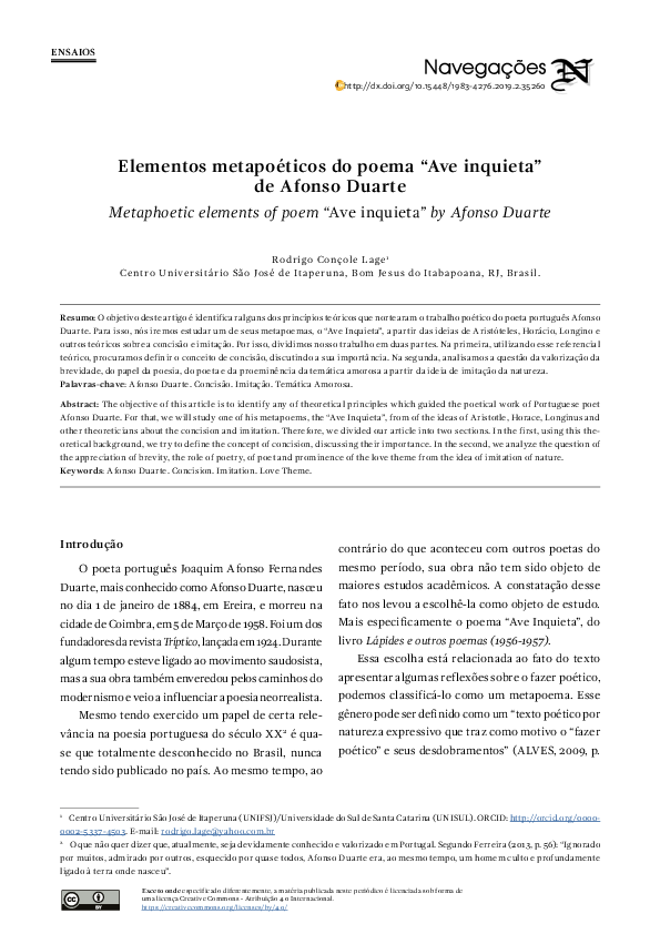 (PDF) Elementos metapoéticos do poema "Ave inquieta" de Afonso Duarte