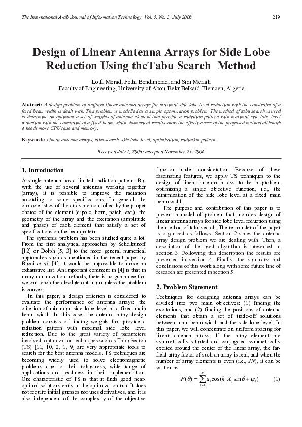 Pdf Design Of Linear Antenna Arrays For Side Lobe Reduction Using The Tabu Search Method