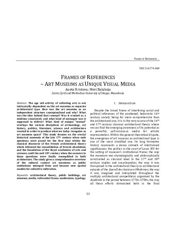 (PDF) FRAMES OF REFERENCES -ART MUSEUMS AS UNIQUE VISUAL MEDIA