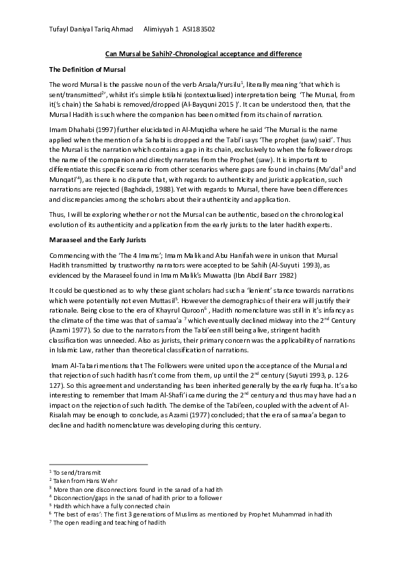 (DOC) Can Mursal be Sahih?-Chronological Acceptance and Difference