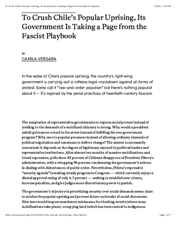 (PDF) To Crush Chile’s Popular Uprising, Its Government Is Taking a ...