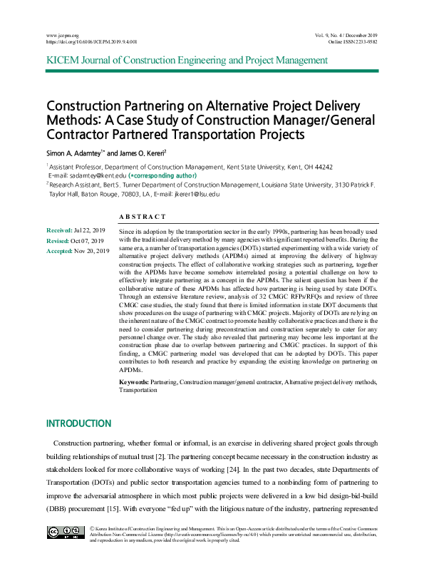 (PDF) Construction Partnering on Alternative Project Delivery Methods: A Case Study of ...