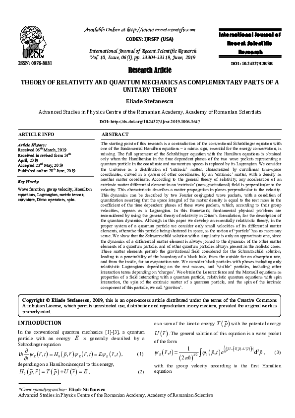 (PDF) THEORY OF RELATIVITY AND QUANTUM MECHANICS AS COMPLEMENTARY PARTS ...