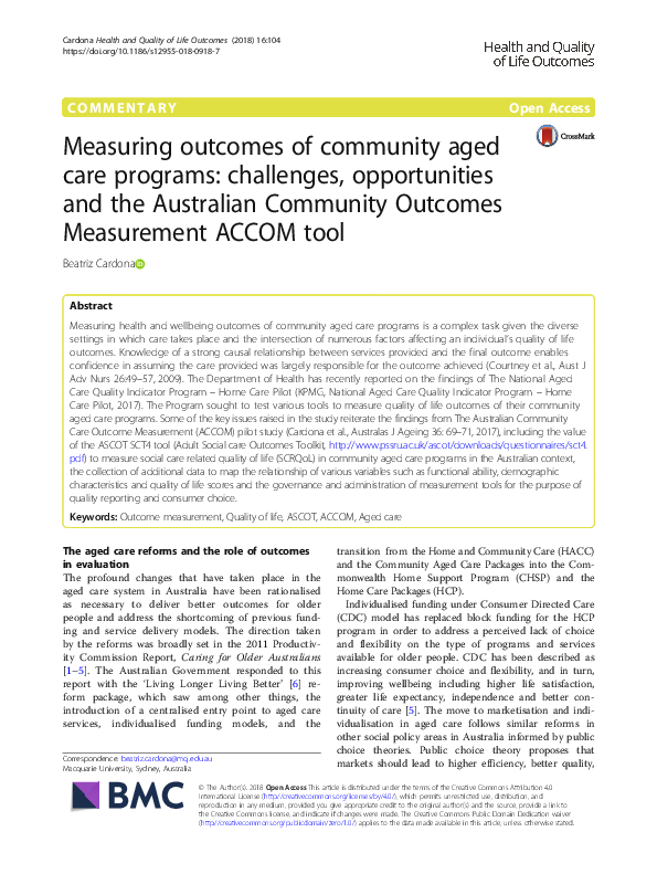 (PDF) Measuring outcomes of community aged care programs: challenges ...