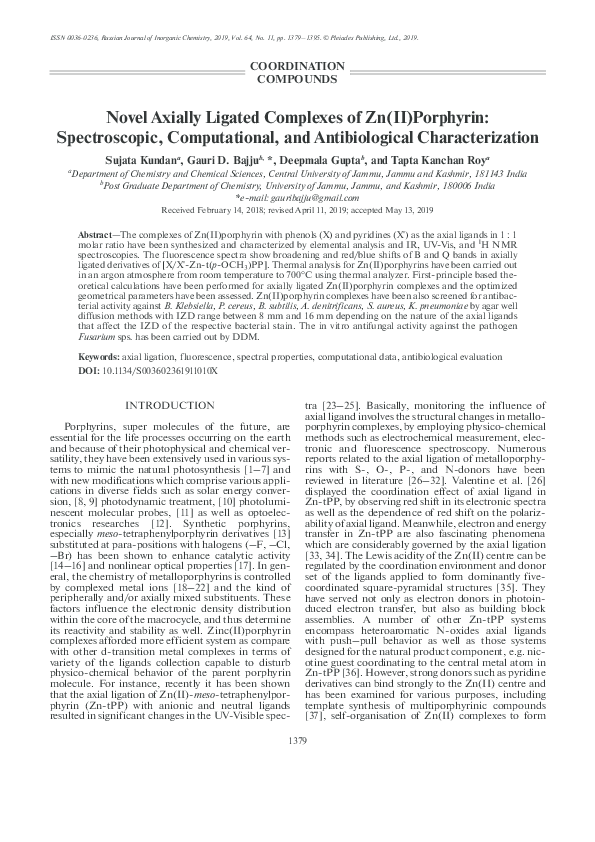 (PDF) Novel Axially Ligated Complexes of Zn(II)Porphyrin: Spectroscopic, Computational, and ...