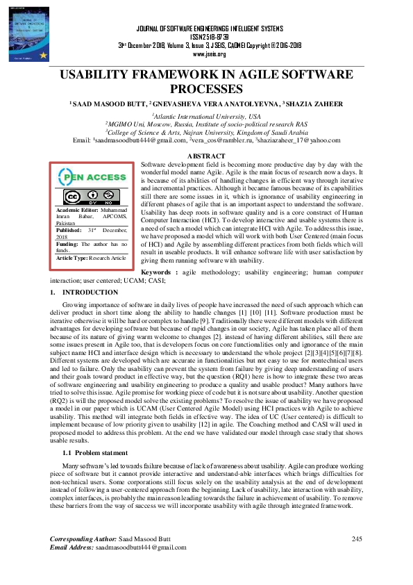 (PDF) USABILITY FRAMEWORK IN AGILE SOFTWARE PROCESSES