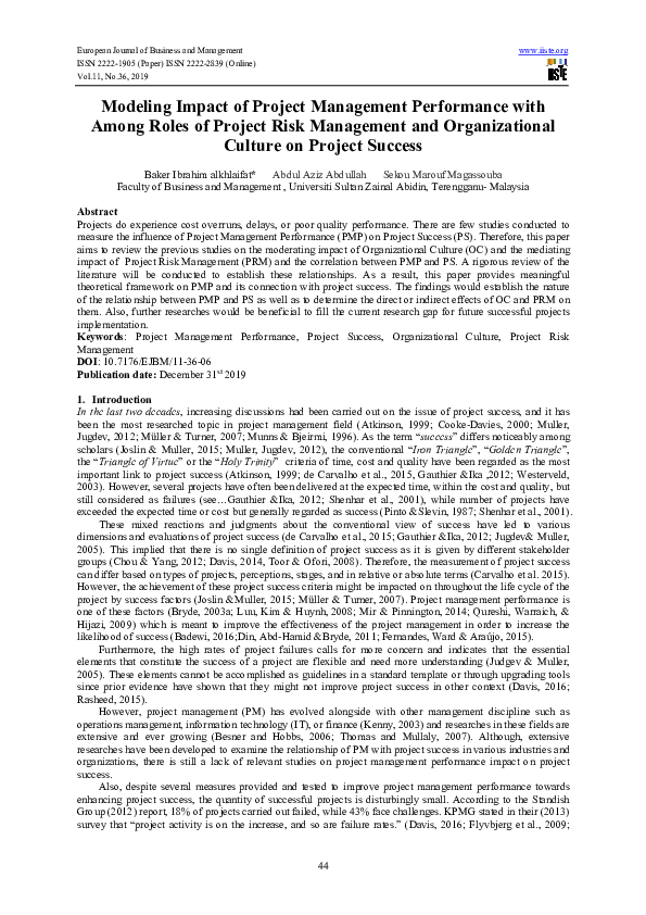 (PDF) Modeling Impact of Project Management Performance with Among ...