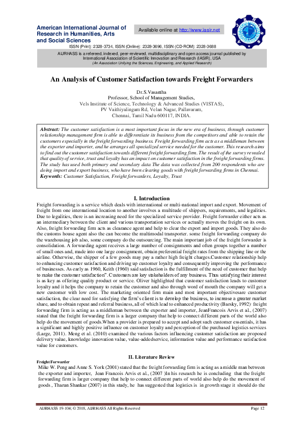 (PDF) An Analysis of Customer Satisfaction towards Freight Forwarders