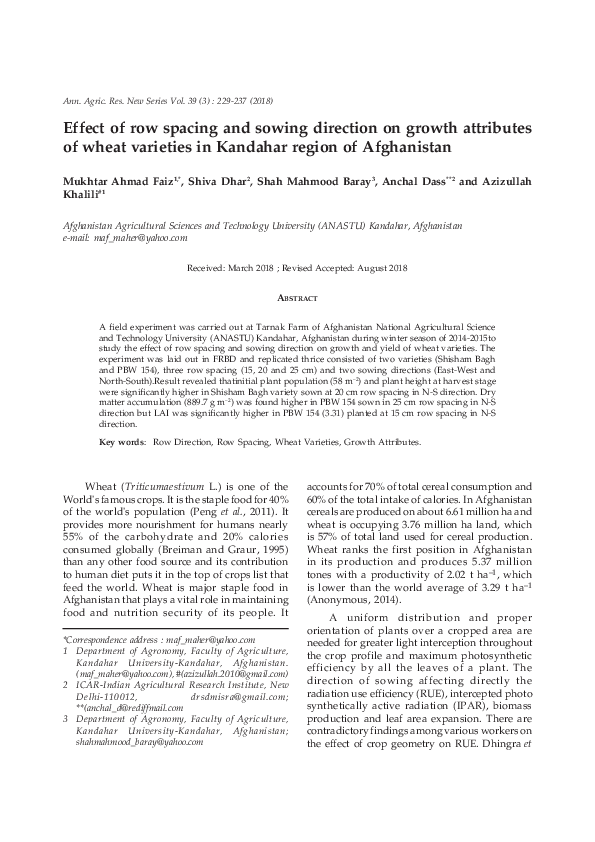 Pdf Effect Of Row Spacing And Sowing Direction On Growth Attributes