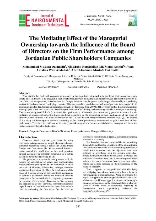 (PDF) The Mediating Effect of the Managerial Ownership towards the Influence of the Board of ...