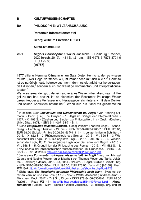 (PDF) IFB-Rezension Hegels Philosophie / Walter Jaeschke.-Hamburg ...