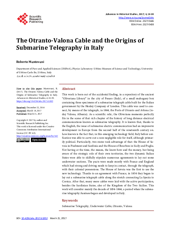(PDF) The Otranto Valona Cable and the Origins of Submarine Telegraphy ...