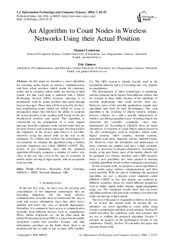 Pdf An Algorithm To Count Nodes In Wireless Networks Using Their