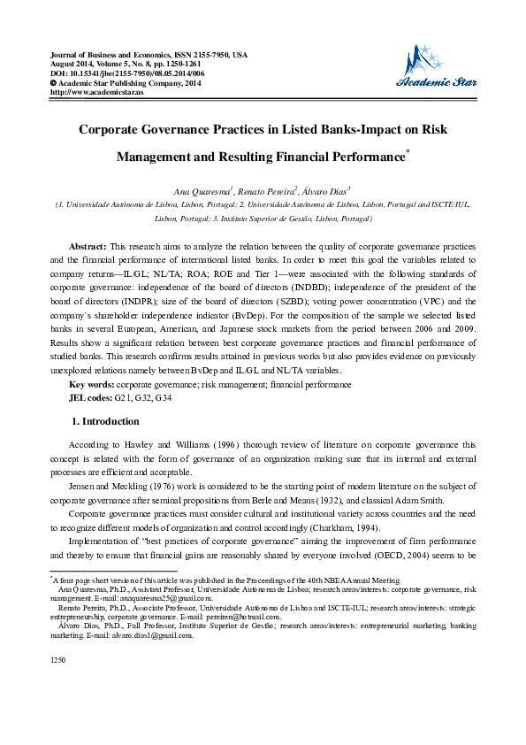 (PDF) Corporate Governance Practices in Listed Banks-Impact on Risk Management and Resulting ...