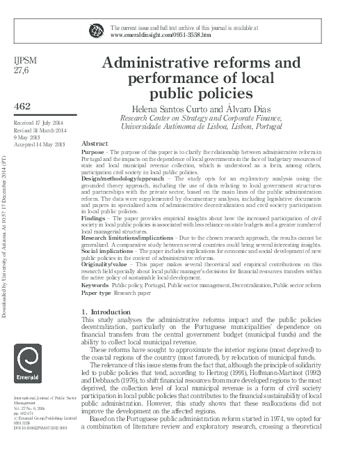 (PDF) Administrative reforms and performance of local public policies