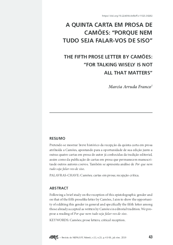 (PDF) A QUINTA CARTA EM PROSA DE CAMÕES: "PORQUE NEM TUDO SEJA FALAR ...
