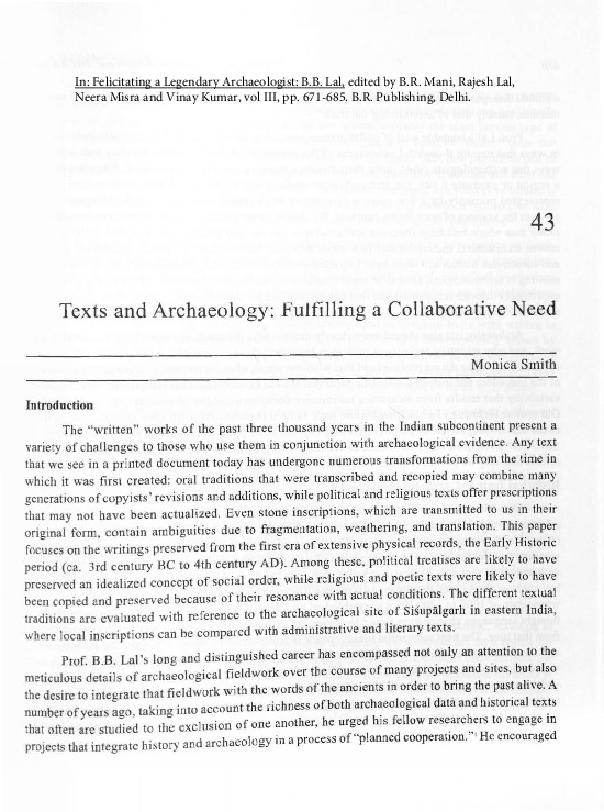 (PDF) Texts and Archaeology: Fulfilling a Collaborative Need