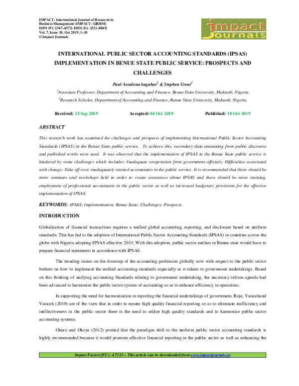 (PDF) INTERNATIONAL PUBLIC SECTOR ACCOUNTING STANDARDS (IPSAS) IMPLEMENTATION IN BENUE STATE ...