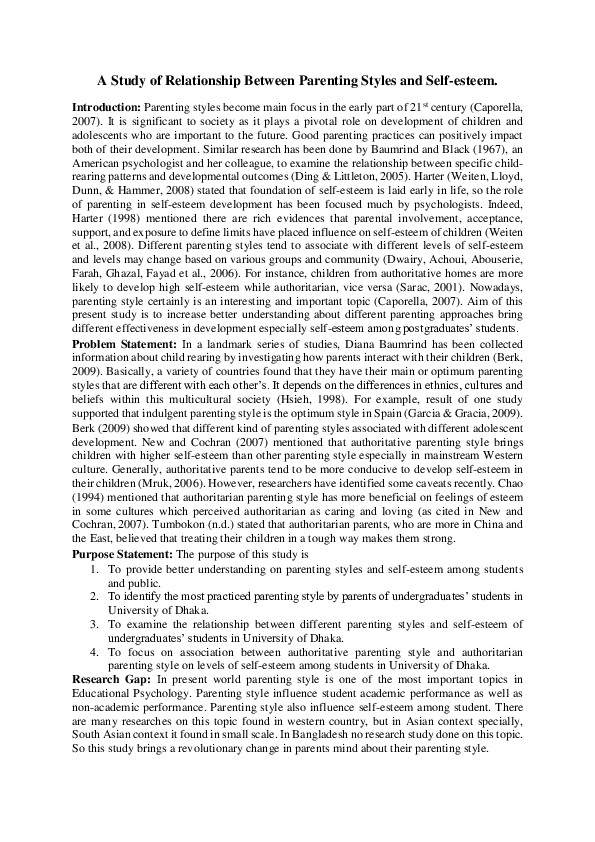 Relation Between Parenting Style and Self Esteem