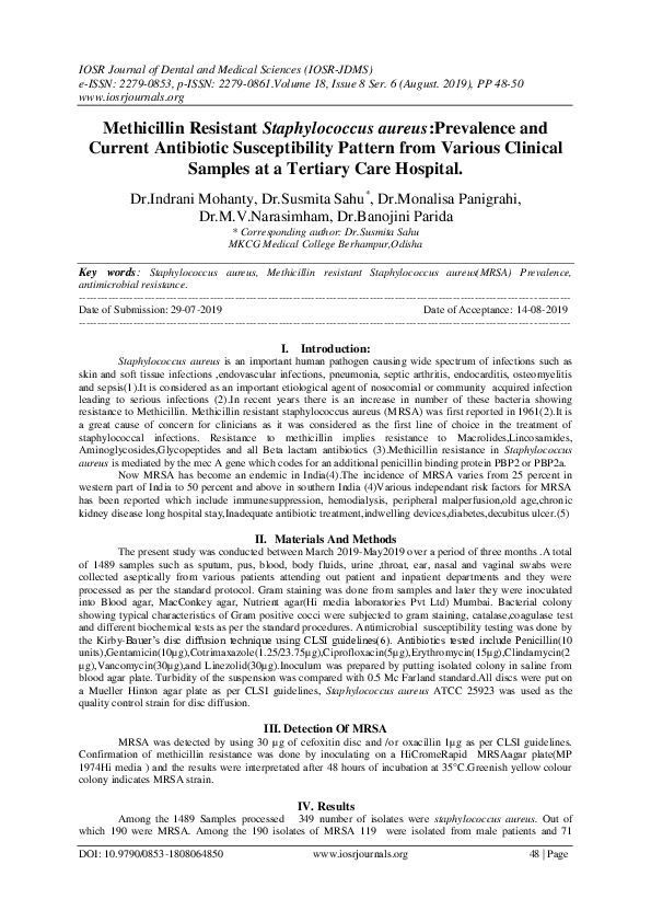(PDF) Methicillin Resistant Staphylococcus aureus:Prevalence and Current Antibiotic ...