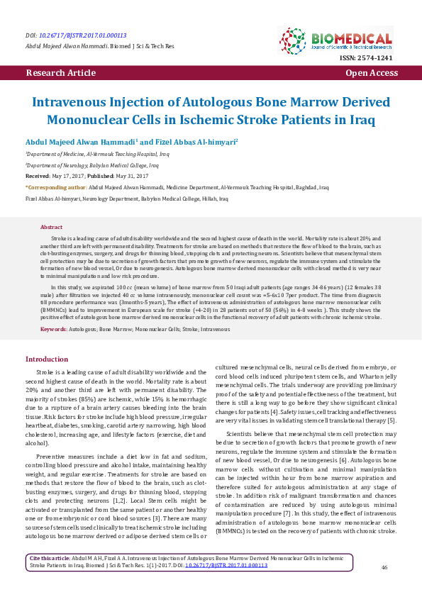 (PDF) Intravenous Injection of Autologous Bone Marrow Derived ...