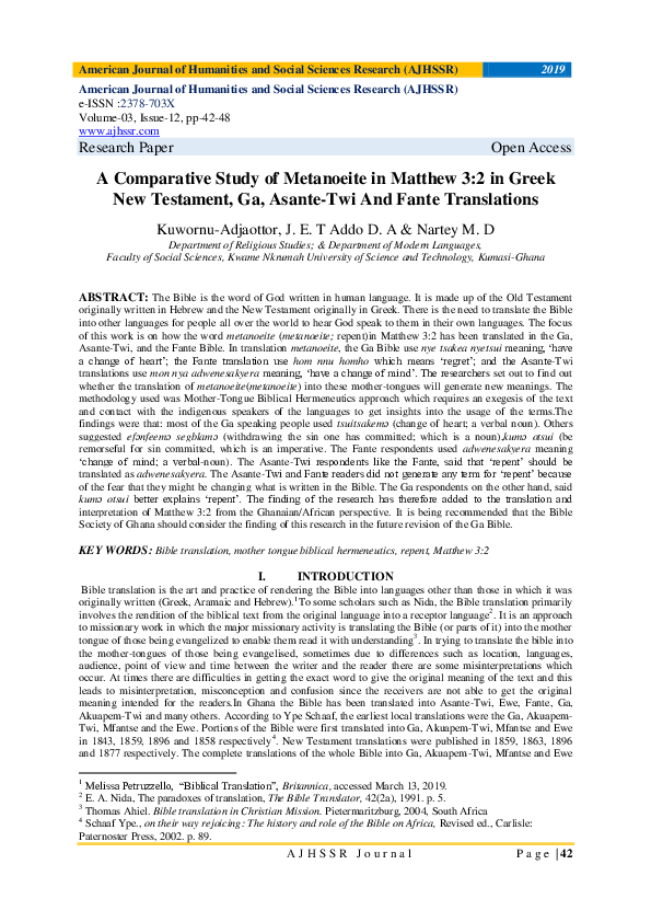 (PDF) A Comparative Study of Metanoeite in Matthew 3:2 in Greek New ...