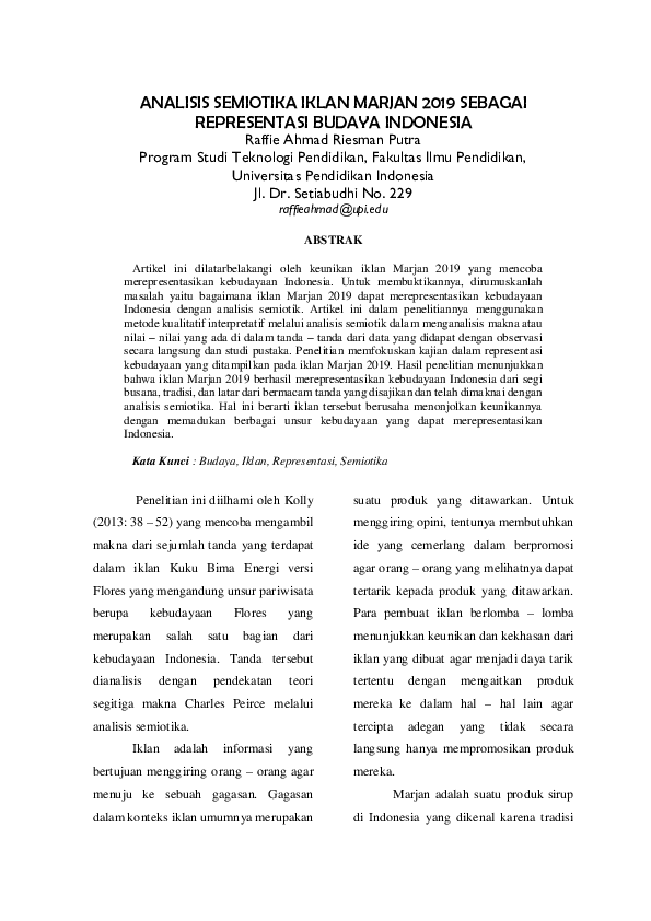 (PDF) ARTIKEL PENDIDIKAN BAHASA INDONESIA: ANALISIS SEMIOTIKA IKLAN MARJAN 2019 SEBAGAI ...
