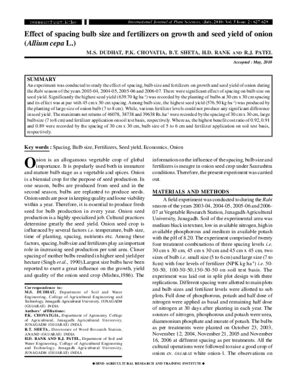 (PDF) Effect Of Spacing And Fertilizer On The Growth And Yield Of Onion | Zegeye Woldemariam ...
