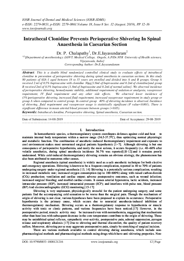 (PDF) Intrathecal Clonidine Prevents Perioperative Shivering In Spinal ...
