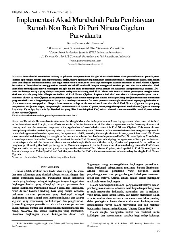 (PDF) Implementasi Akad Murabahah Pada Pembiayaan Rumah Non Bank Di Puri Nirana Cigelam Purwakarta