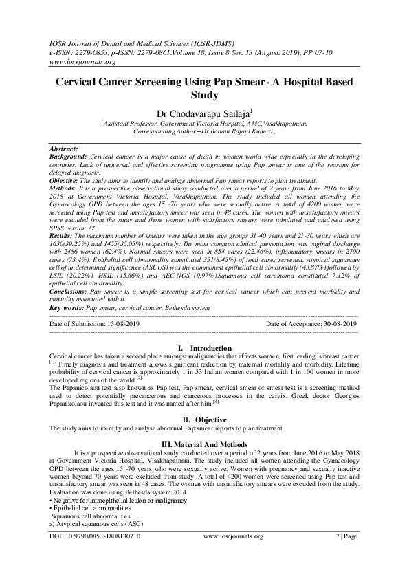 (PDF) Cervical Cancer Screening Using Pap Smear- A Hospital Based Study