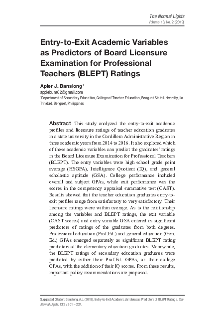 (PDF) The Normal Lights Entry-to-Exit Academic Variables as Predictors of Board Licensure ...