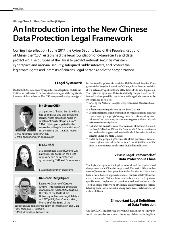 (PDF) Introduction into the New Chinese Data Protection Legal Framework