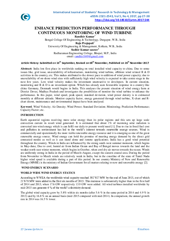 Pdf Enhance Prediction Performance Through Continuous Monitoring Of Wind Turbine