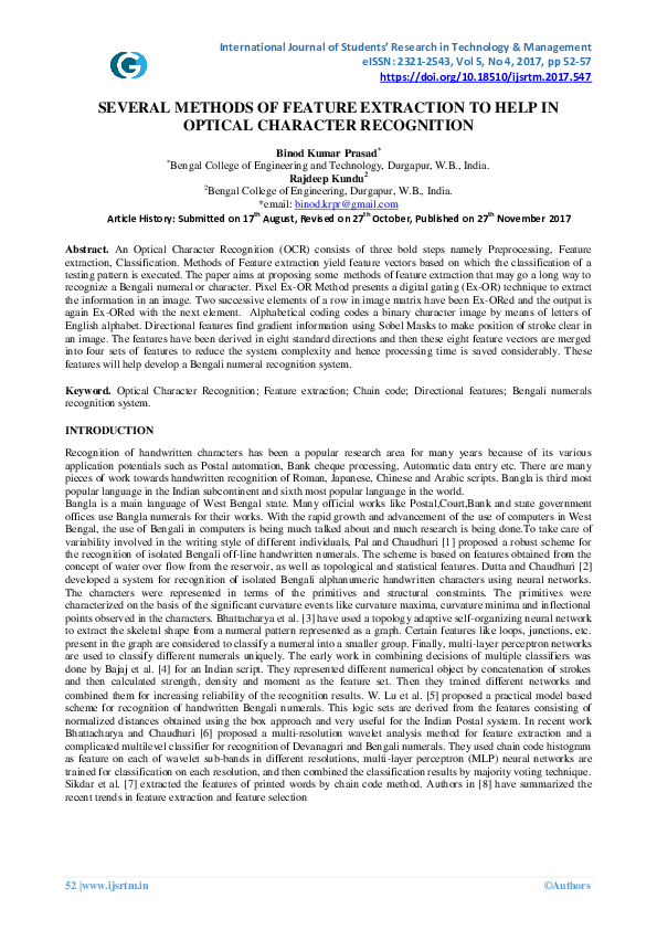 Pdf Several Methods Of Feature Extraction To Help In Optical Character Recognition