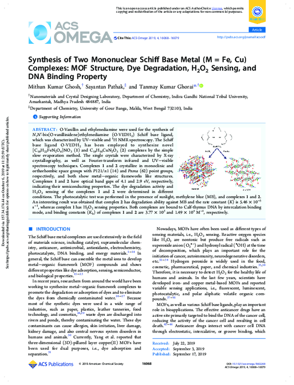 (PDF) Synthesis of Two Mononuclear Schiff Base Metal (M = Fe, Cu) Complexes: MOF Structure, Dye ...
