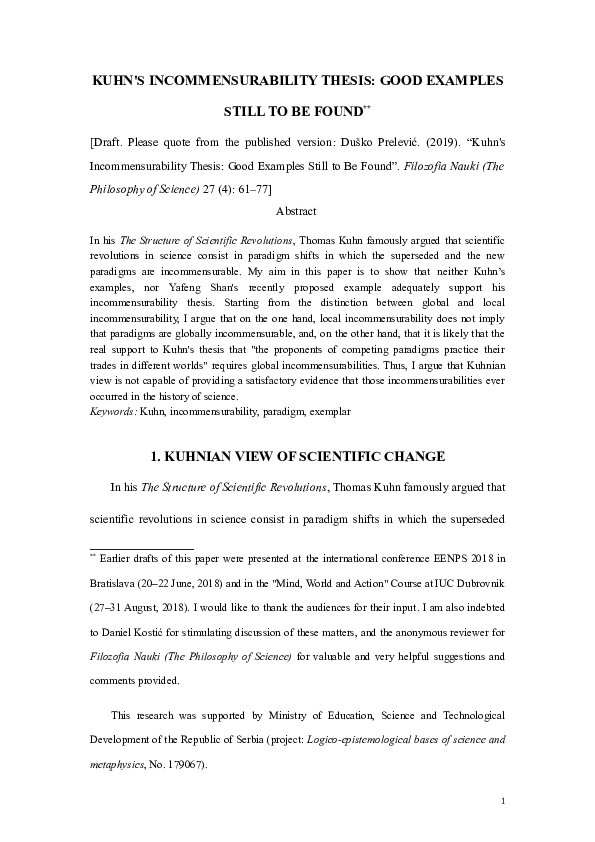 (DOC) Kuhn's Incommensurability Thesis: Good Examples Still to Be Found