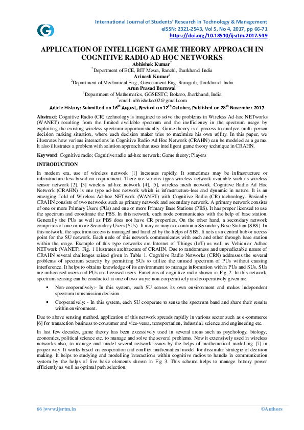 Pdf Application Of Intelligent Game Theory Approach In Cognitive Radio Ad Hoc Networks