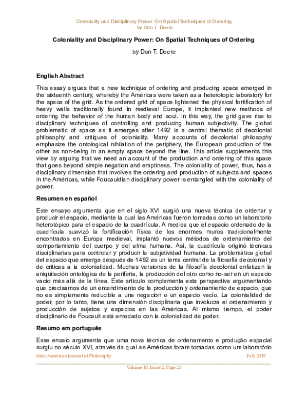 (PDF) Coloniality and Disciplinary Power: On Spatial Techniques of Ordering