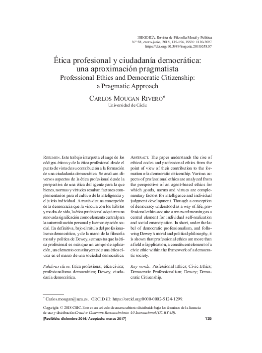 Pdf Ética Profesional Y Ciudadanía Democrática Una Aproximación Pragmatista Professional