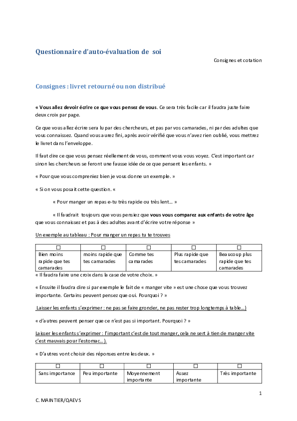 (PDF) Questionnaire d'auto-évaluation de soi
