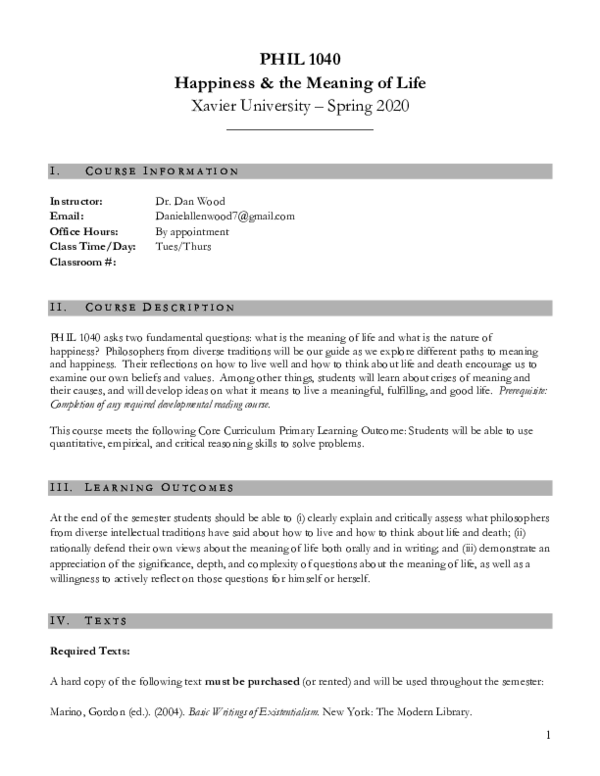 (PDF) Happiness and the Meaning of Life (PHIL 1040 Syllabus)