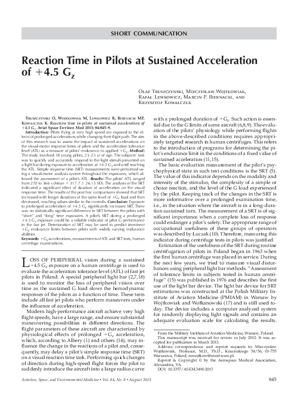 (PDF) Reaction time in pilots at sustained acceleration of +4.5 Gz